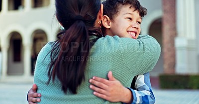 Back to school, mother and child hug, wave goodbye and getting ready ...