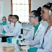 Laboratory, students listening and school for research, future ...