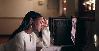 Business, night and woman tired, sleeping and computer with workaholic ...