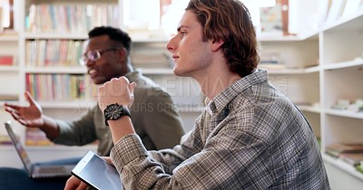 Library, study and student man listening to group conversation and book ...