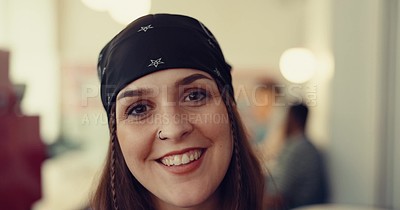 Waitress, face and woman at a cafe for service, working and a job at a ...