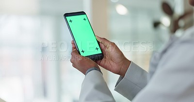 Phone, green screen and hand on woman in office with mockup for ...