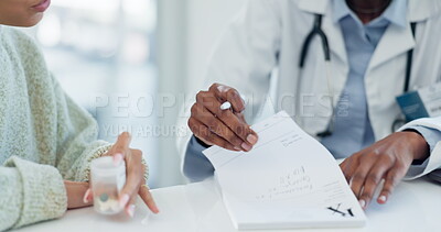 Hands, doctor and patient with pills, prescription note and health ...
