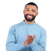 Applause, success and face of man in studio with motivation, choice or ...