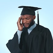 Robe, graduate and black man with stress, headache and medical issue on ...