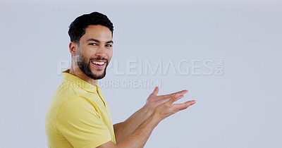Face, showing and man with presentation, mockup space and smile on a ...