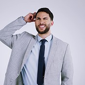 Doubt, business man and confused with memory problem and considering ...