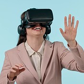 Happy, virtual reality and hands of business woman in studio isolated ...