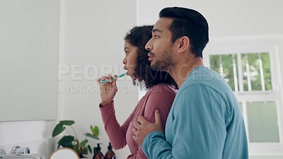 Bathroom, talking and couple hug, brushing teeth and speaking about ...