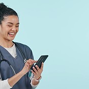 Nurse, woman laugh and phone for healthcare communication, social media ...