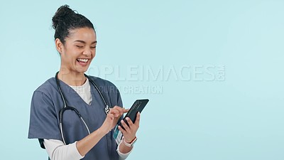 Nurse, woman laugh and phone for healthcare communication, social media ...