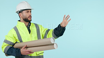 Architect, construction worker and studio man point at engineering ...