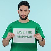 Support sign, man and volunteer for animal rights pointing at non ...