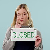 Sad woman, waitress and closed sign of store, cafe and studio isolated ...
