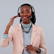 Callcenter, black woman and phone call with communication, CRM and contact us in studio with ...