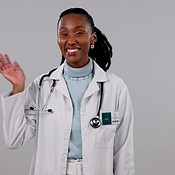 Hospital studio, black woman and doctor wave for healthcare greeting ...