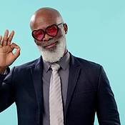 Business man, ok symbol and studio with smile for good service, review ...