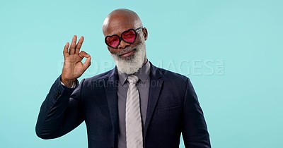 Business man, ok symbol and studio with smile for good service, review ...