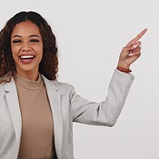 Face, business woman and pointing to presentation of list, information and choice on white ...