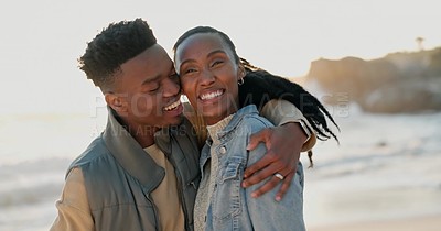Black couple, ocean and hug with sunset, travel and vacation by the ...
