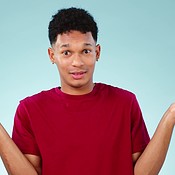 Doubt, shrug and face of man on blue background with gesture for unsure ...