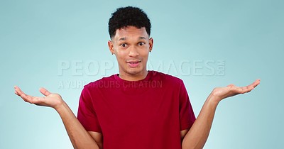 Doubt, shrug and face of man on blue background with gesture for unsure ...