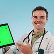 Doctor, speaking and tablet green screen for healthcare presentation ...