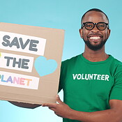Black man, portrait and climate change poster with happiness for ...