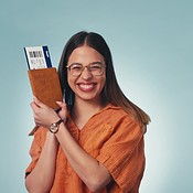 Woman, smile and dance with plane ticket in hands, contest and win for ...