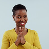 Thinking, planning and evil scheme of happy woman in studio isolated on ...