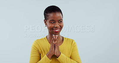 Thinking, planning and evil scheme of happy woman in studio isolated on ...
