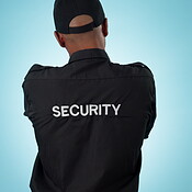 Security guard, studio and back of person for protection service ...