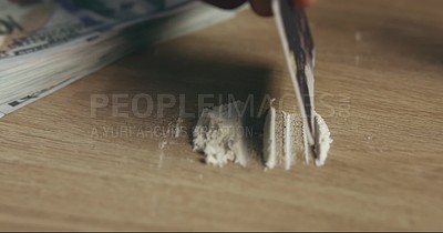Cocaine, desk and lines of drugs with person and dollar bill for powder ...