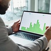 Hands, laptop and chart for business man, analysis and check progress ...