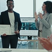 Award, happy man or business people celebration, applause or team ...