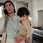 Home, phone call and mother with baby, conversation and connection with ...