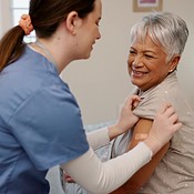 Medical, old woman and nurse check plaster for healthcare treatment or ...
