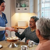 Nurse, senior couple and cake in retirement for celebration, party and ...