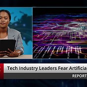 News, reporter woman and artificial intelligence in tv studio for ...