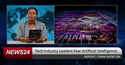 News, reporter woman and artificial intelligence in tv studio for ...