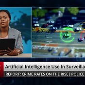 Breaking news, reporter woman and artificial intelligence in tv studio ...