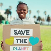 Child, happy face and protest poster for eco friendly, sustainability ...