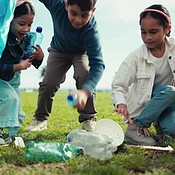 Volunteer man, kids and outdoor for garbage collection game, pollution ...