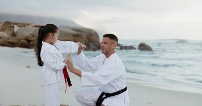 Beach, karate or training with a father and daughter together outdoor ...