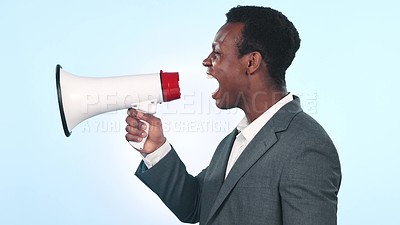 Megaphone, protest and black man screaming in a studio for political ...