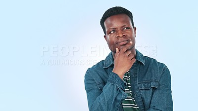 Thinking, black man and ideas with doubt, pointing and problem solving ...