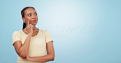 Thinking, excited face and woman with solution in studio of ideas ...
