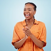 Woman, thumbs up and applause in studio for success, praise winner and ...