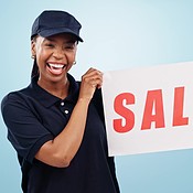 Happy black woman, sale and billboard sign for deal, promotion or ...