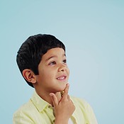 Surprise, boy and child with decision, thinking and brainstorming on a ...